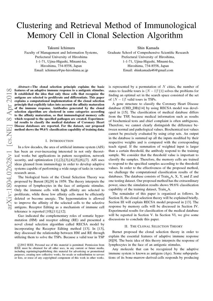 Clustering And Retrieval Method Of Immunological Memory Cell In Clonal Selection Algorithm Deepai