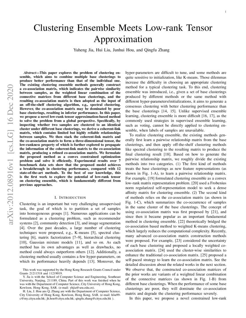 Clustering Ensemble Meets Low-rank Tensor Approximation | DeepAI