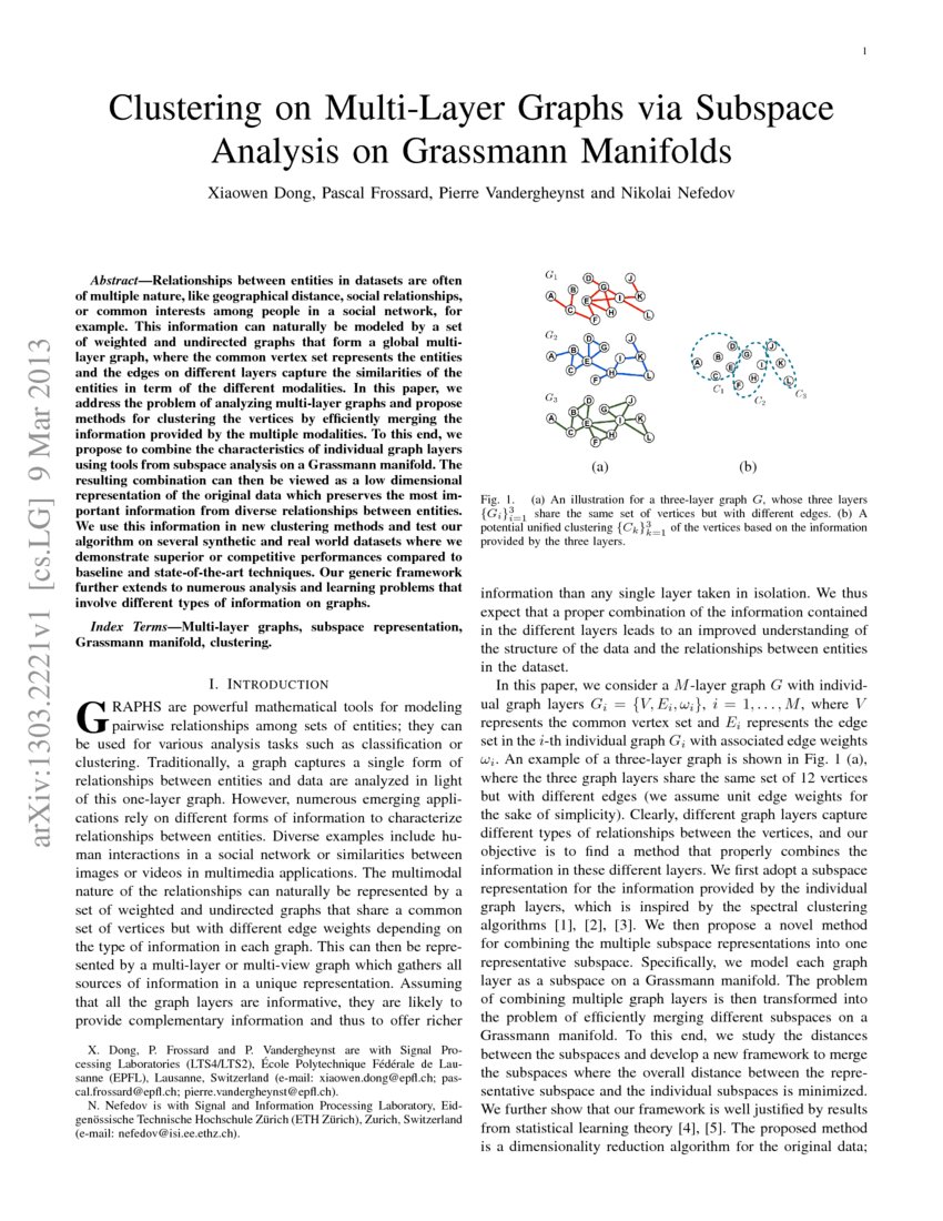 Clustering On Multi Layer Graphs Via Subspace Analysis On Grassmann Manifolds Deepai