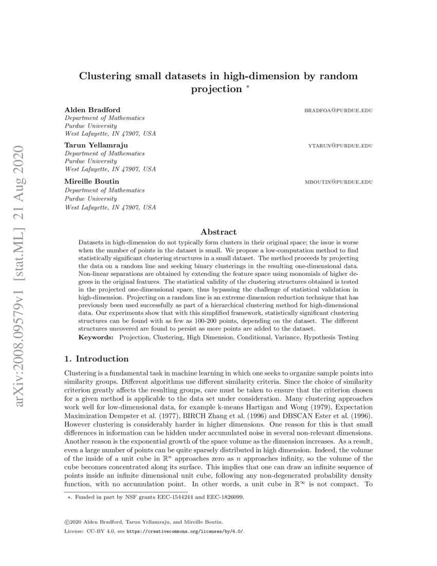Clustering small datasets in high-dimension by random projection | DeepAI