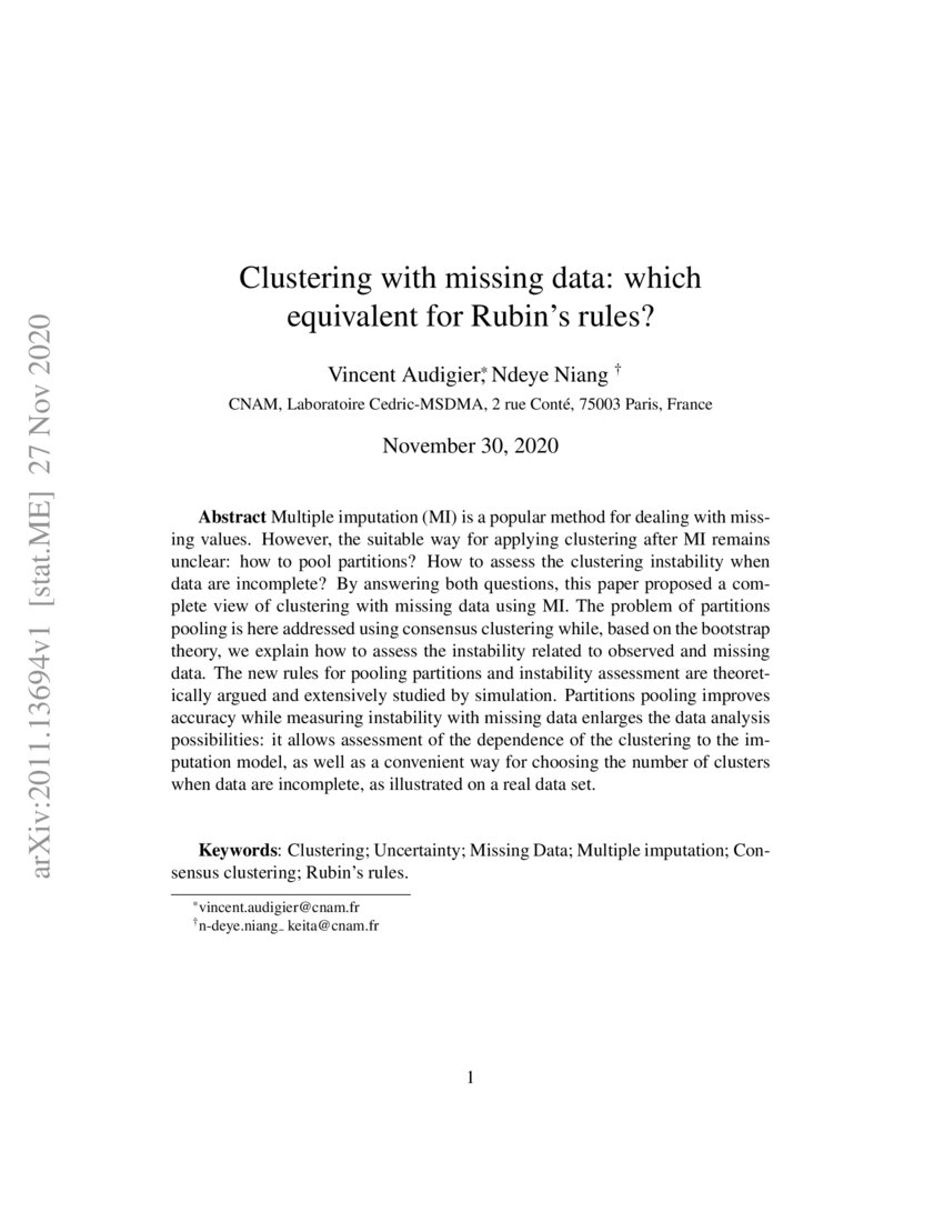 Clustering with missing data: which equivalent for Rubin's rules? | DeepAI