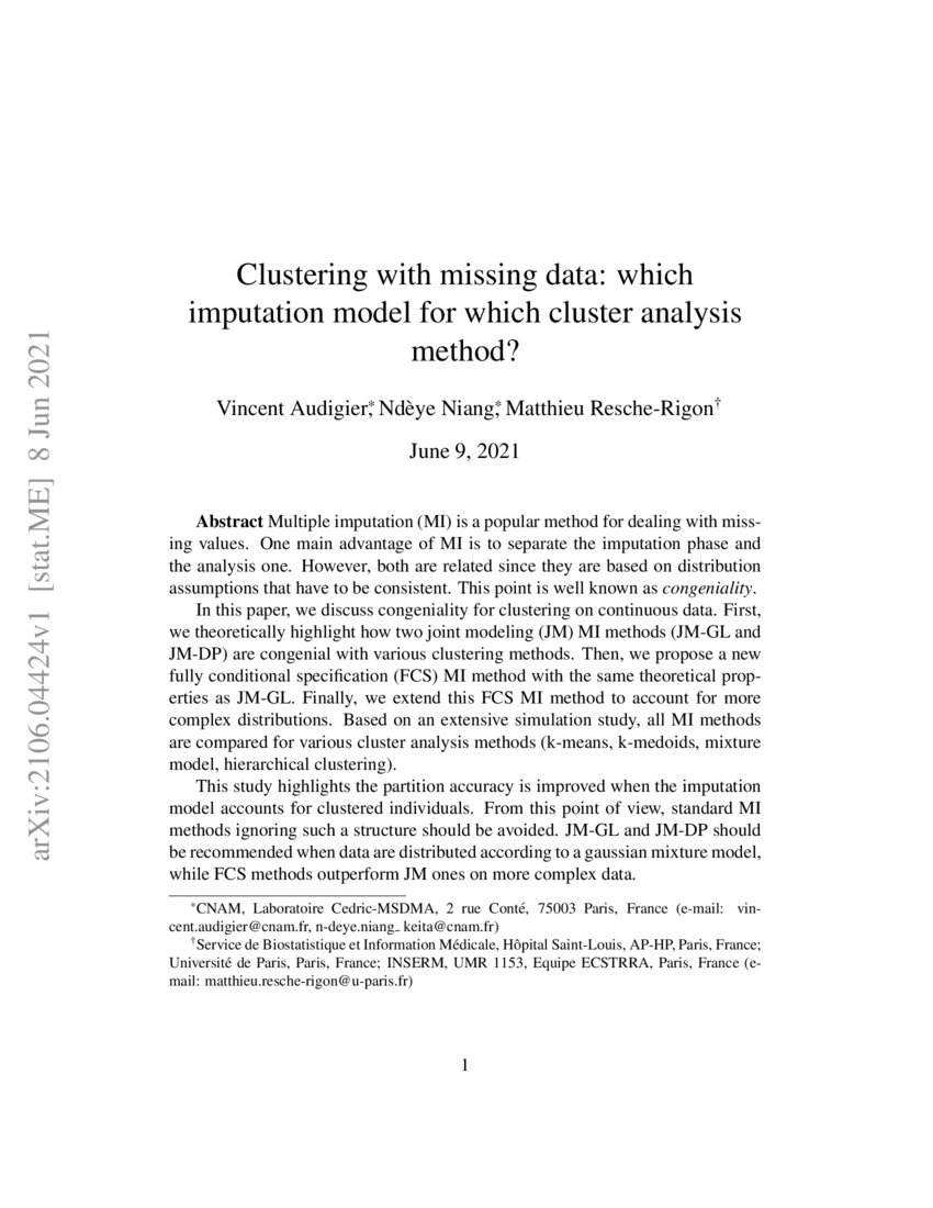 Clustering With Missing Data Which Imputation Model For Which Cluster 0281