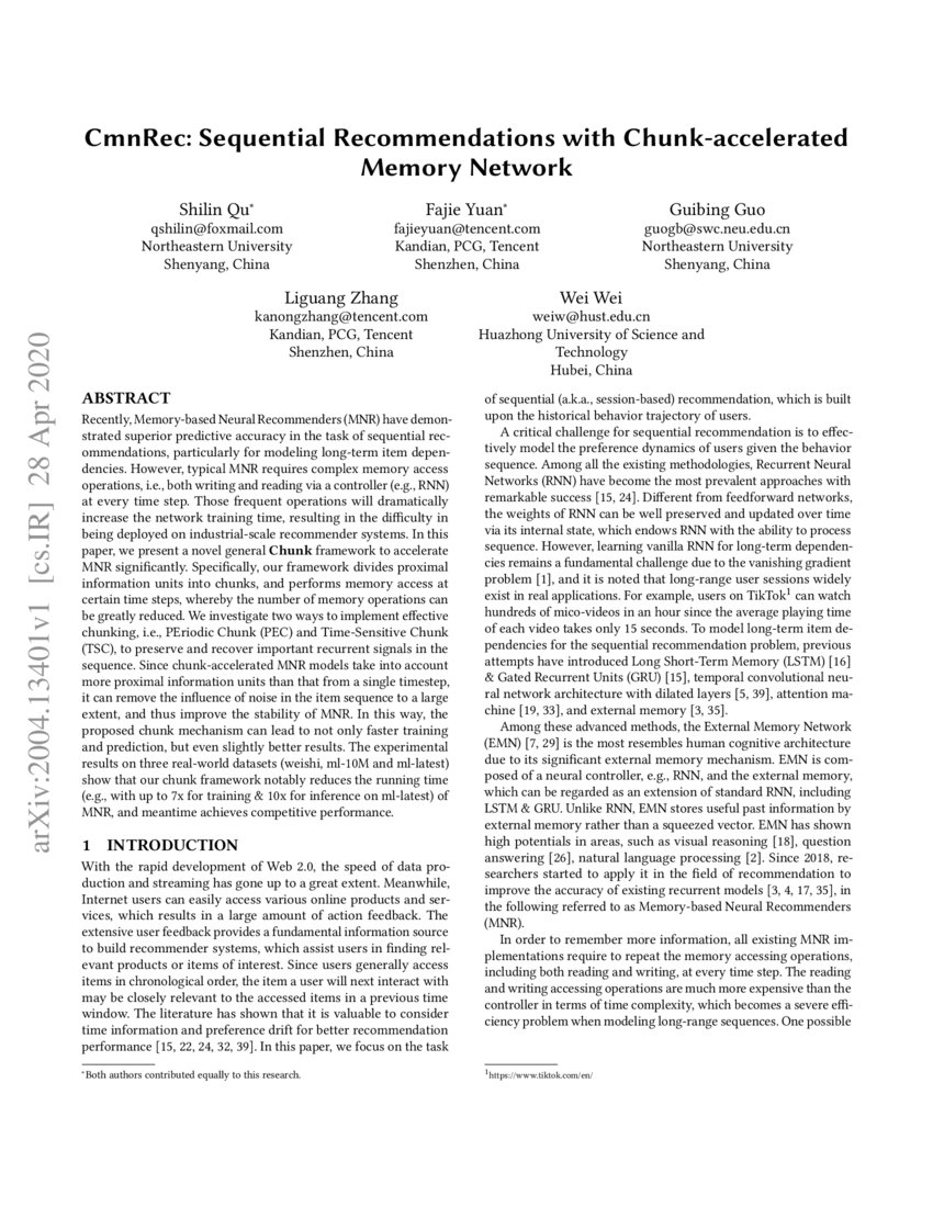 CmnRec: Sequential Recommendations with Chunk-accelerated Memory Network | DeepAI