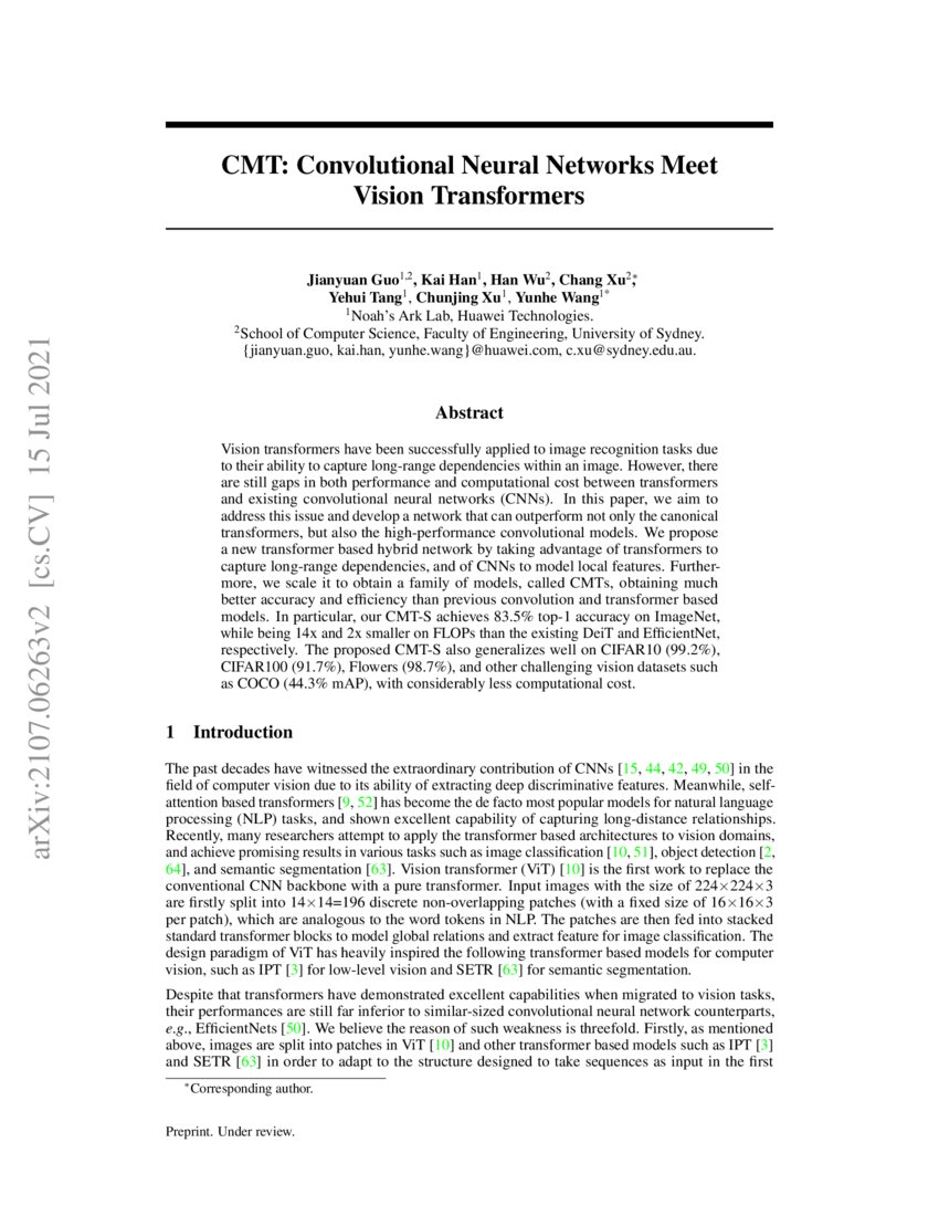 CMT: Convolutional Neural Networks Meet Vision Transformers | DeepAI