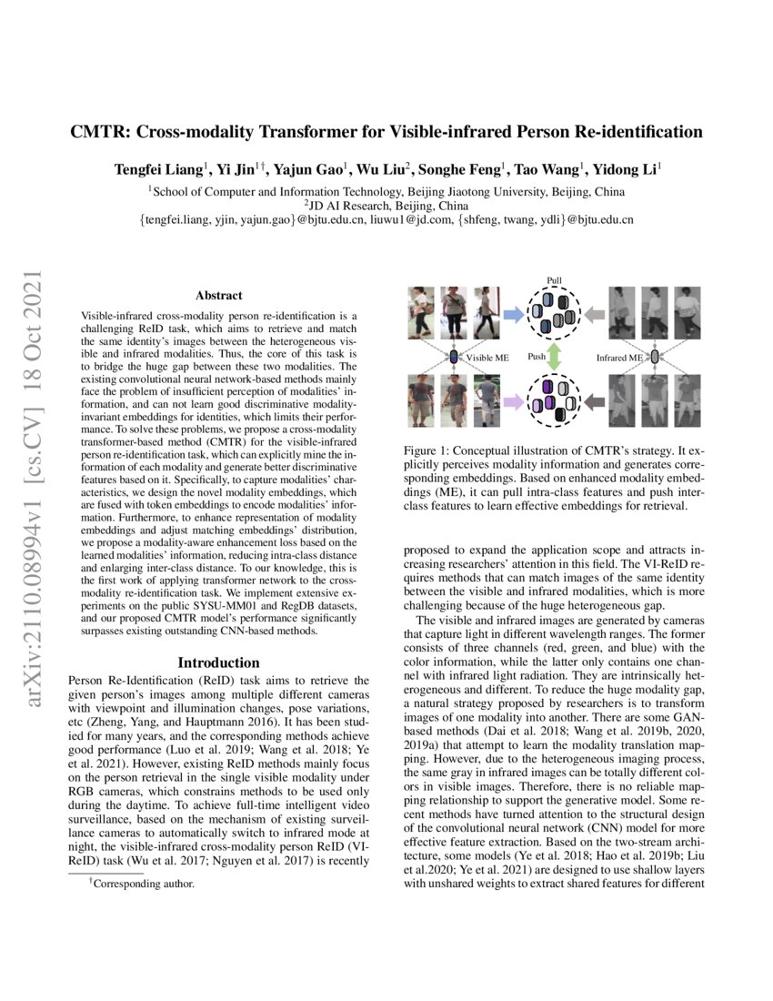 CMTR: Cross-modality Transformer for Visible-infrared Person Re-identification | DeepAI