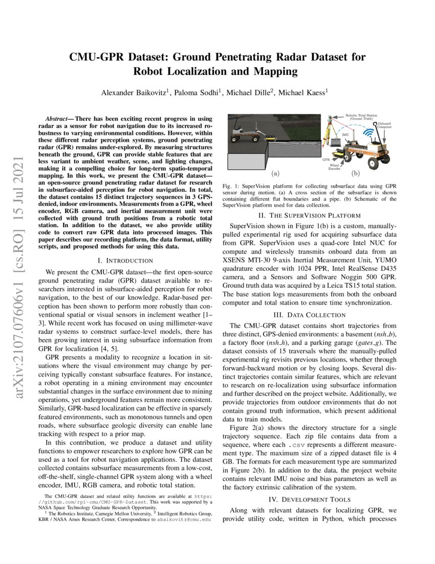 CMU-GPR Dataset: Ground Penetrating Radar Dataset for Robot Localization and Mapping | DeepAI
