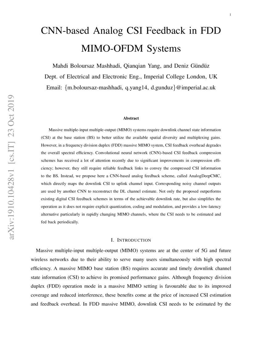 CNN-based Analog CSI Feedback in FDD MIMO-OFDM Systems | DeepAI
