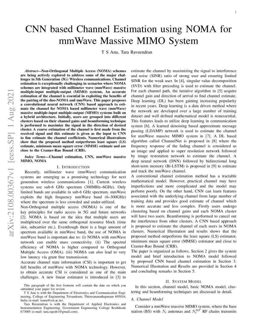CNN based Channel Estimation using NOMA for mmWave Massive MIMO System | DeepAI