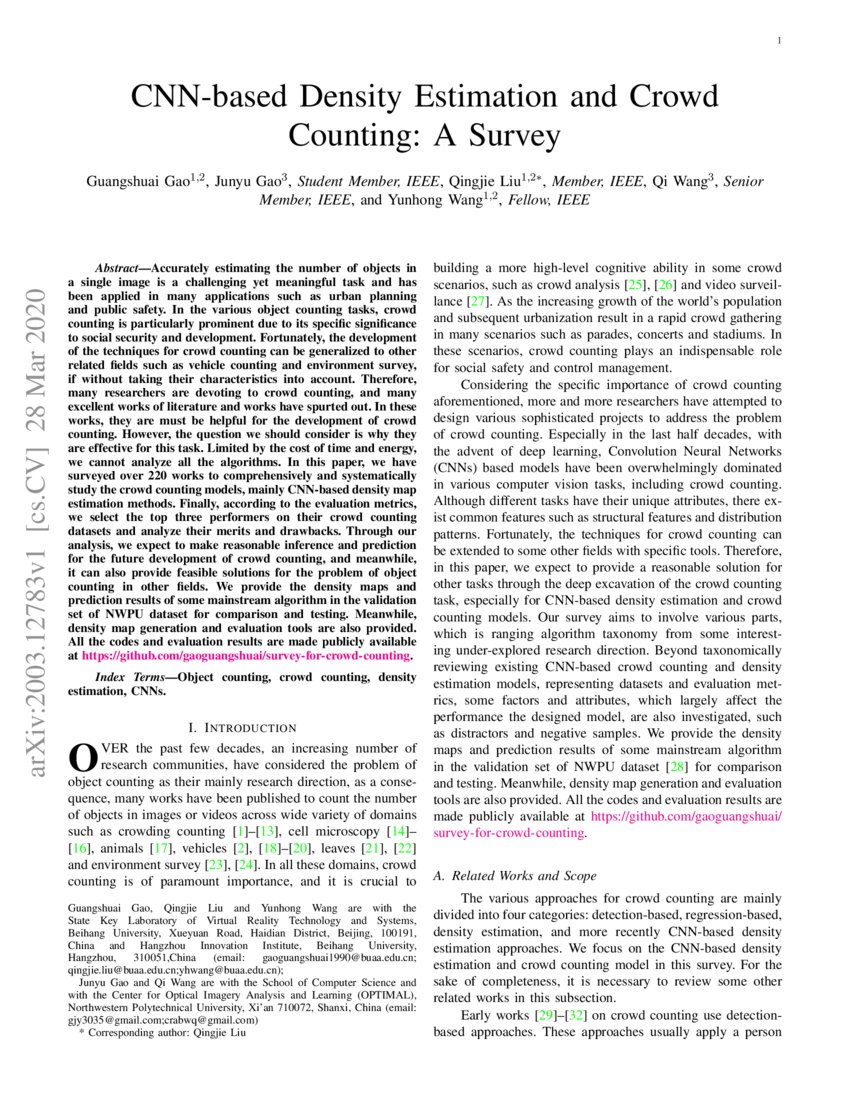 Cnn Based Density Estimation And Crowd Counting A Survey Deepai