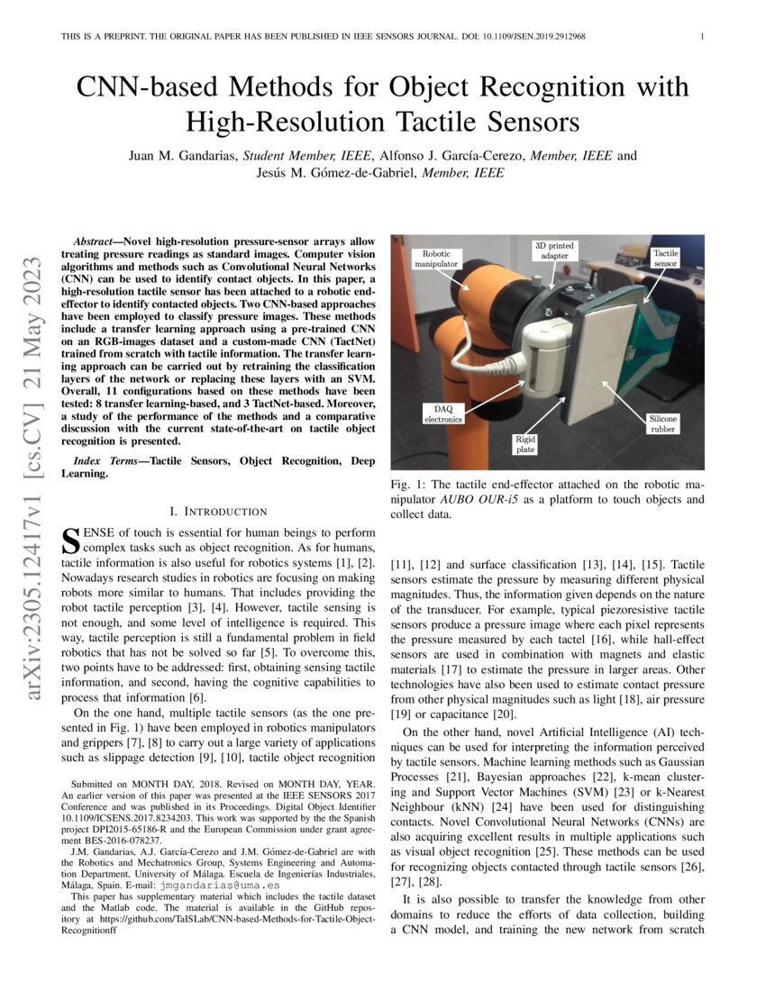Cnn Based Methods For Object Recognition With High Resolution Tactile Sensors Deepai