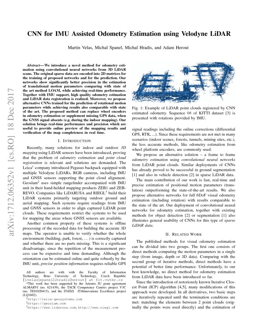 Cnn For Imu Assisted Odometry Estimation Using Velodyne Lidar Deepai