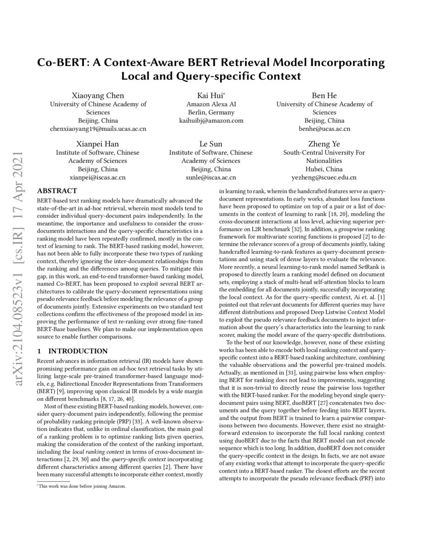 Co-BERT: A Context-Aware BERT Retrieval Model Incorporating Local and Query-specific Context ...