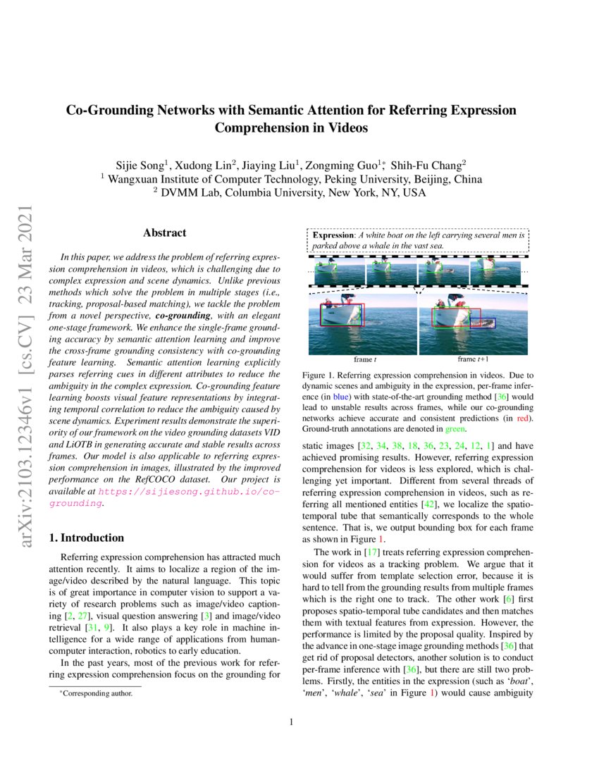 Co-Grounding Networks with Semantic Attention for Referring Expression Comprehension in Videos ...