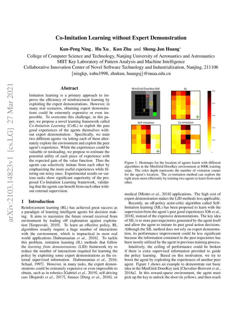 Co-Imitation Learning without Expert Demonstration | DeepAI