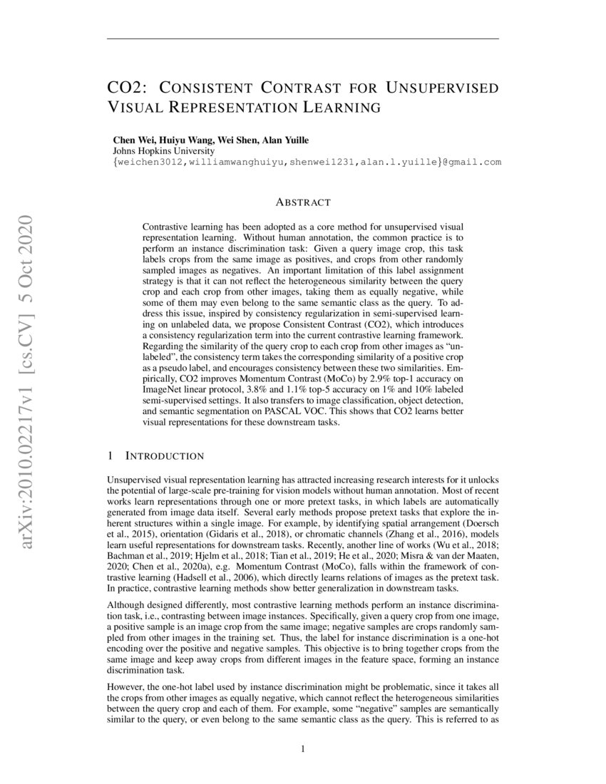 CO2: Consistent Contrast for Unsupervised Visual Representation Learning | DeepAI