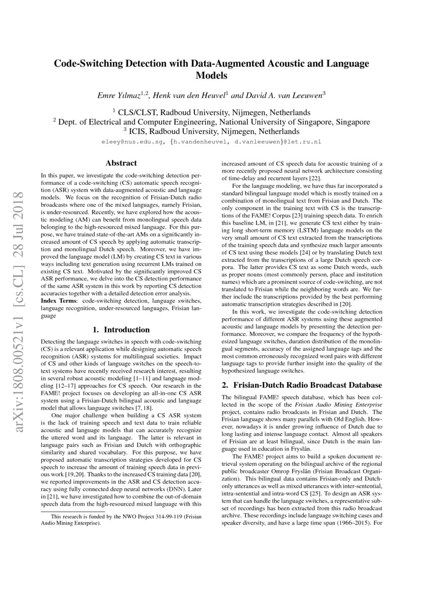 Code-Switching Detection with Data-Augmented Acoustic and Language Models | DeepAI