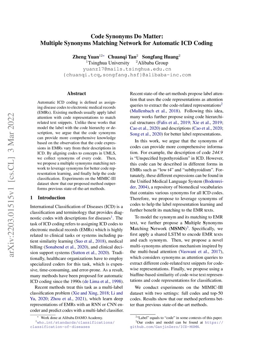 Code Synonyms Do Matter: Multiple Synonyms Matching Network for Automatic ICD Coding | DeepAI
