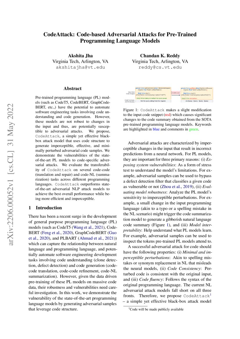 Codeattack Code Based Adversarial Attacks For Pre Trained Programming Language Models Deepai