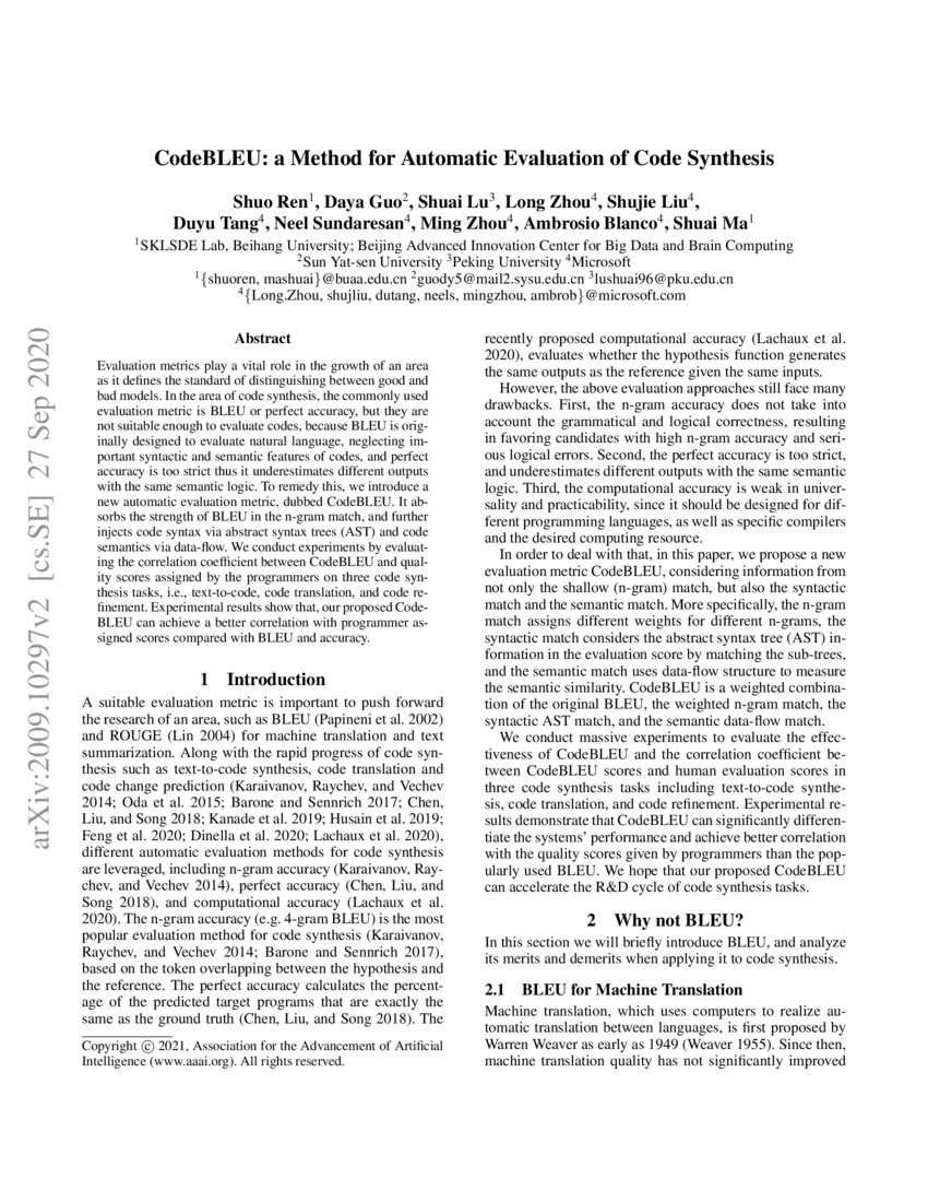 Codebleu A Method For Automatic Evaluation Of Code Synthesis Deepai 