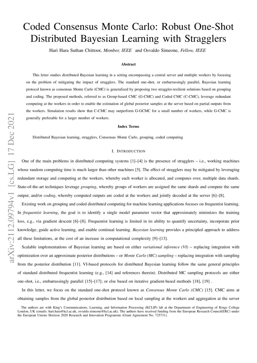 Coded Consensus Monte Carlo: Robust One-Shot Distributed Bayesian Learning with Stragglers | DeepAI