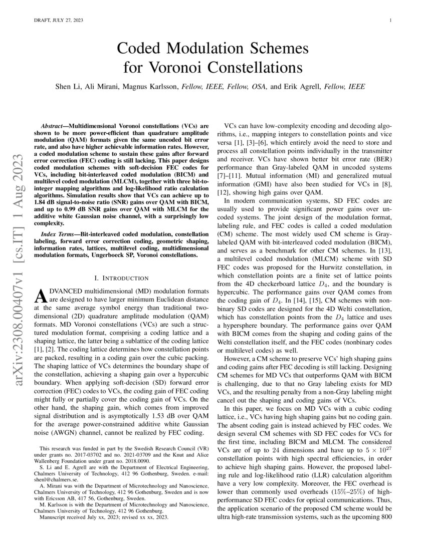 Coded Modulation Schemes For Voronoi Constellations Deepai