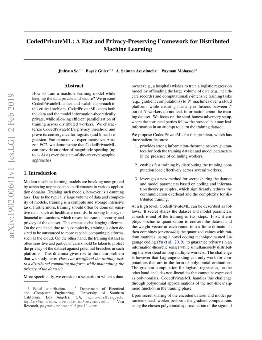 Codedprivateml A Fast And Privacy Preserving Framework For Distributed Machine Learning Deepai