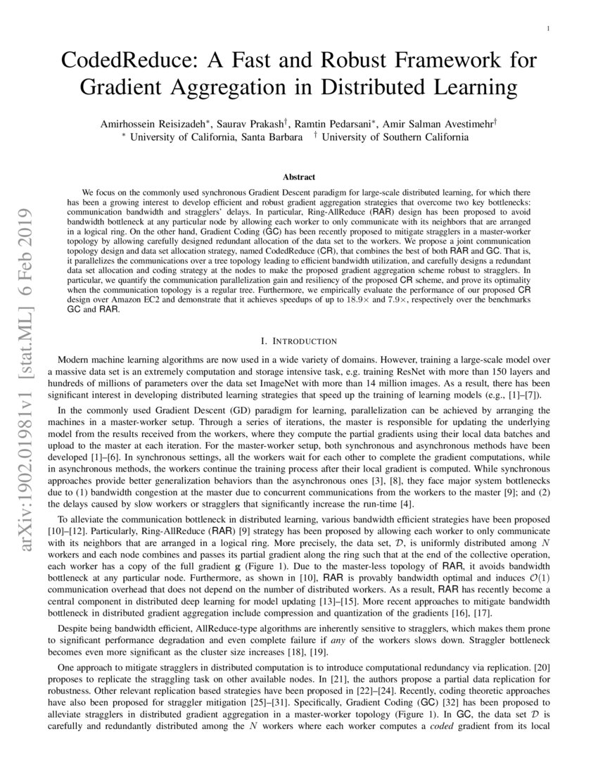 Codedreduce A Fast And Robust Framework For Gradient Aggregation In Distributed Learning Deepai 1333
