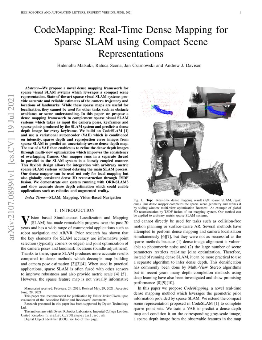 Codemapping Real Time Dense Mapping For Sparse Slam Using Compact Scene Representations Deepai