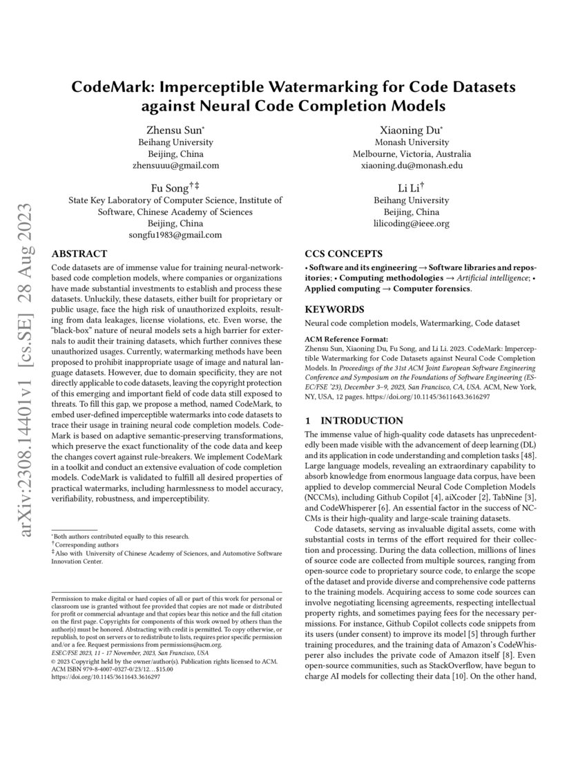 Codemark Imperceptible Watermarking For Code Datasets Against Neural Code Completion Models