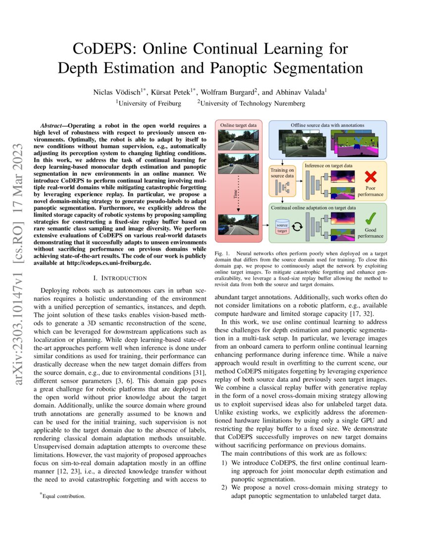 CoDEPS: Online Continual Learning for Depth Estimation and Panoptic Segmentation | DeepAI