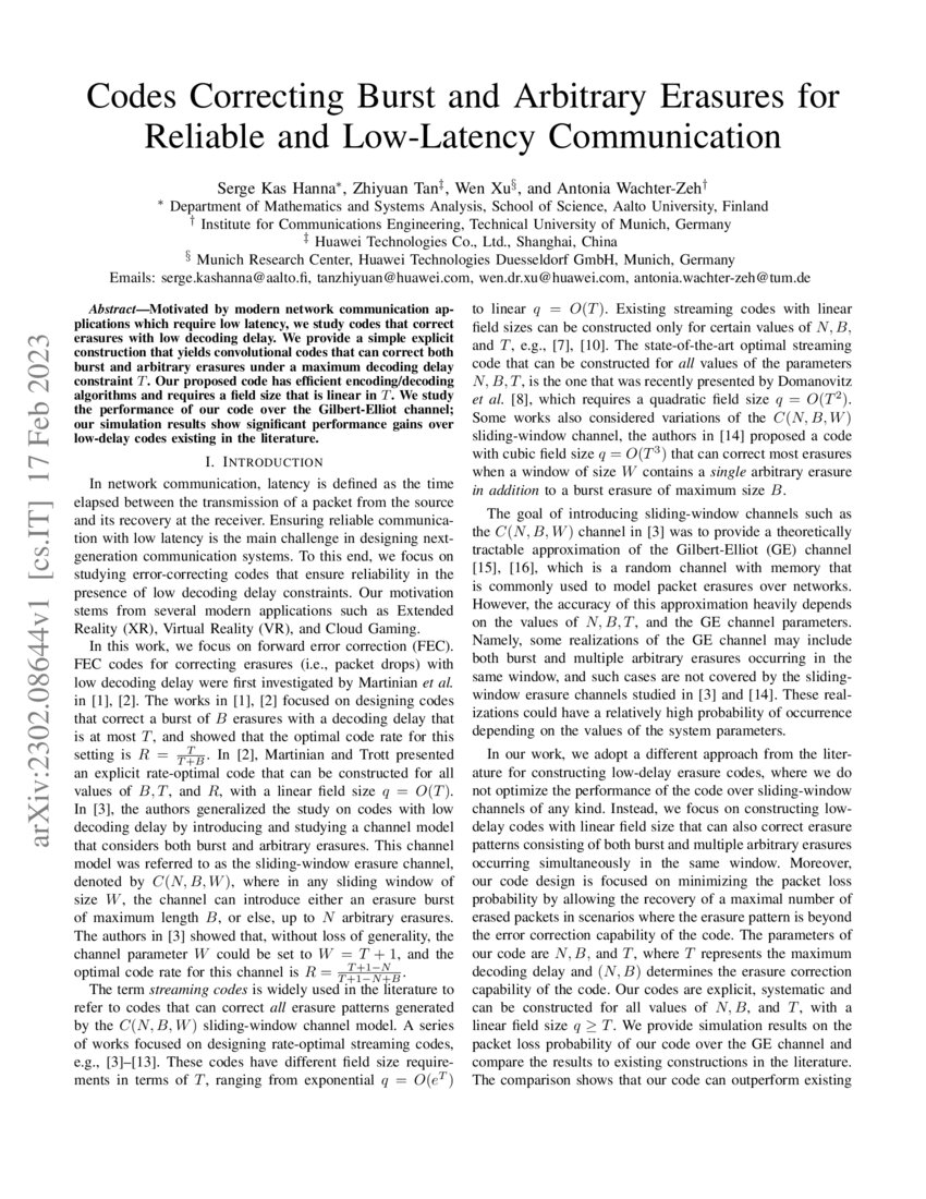 Codes Correcting Burst And Arbitrary Erasures For Reliable And Low Latency Communication Deepai