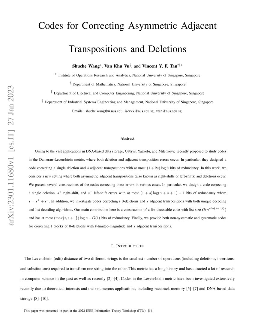 Codes For Correcting Asymmetric Adjacent Transpositions And Deletions Deepai 