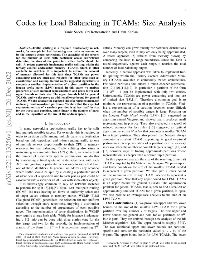 Codes for Load Balancing in TCAMs: Size Analysis | DeepAI