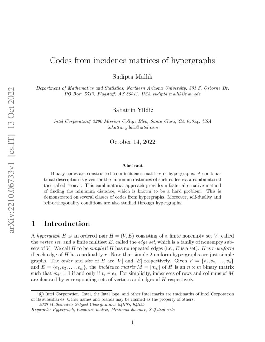 Codes From Incidence Matrices Of Hypergraphs Deepai