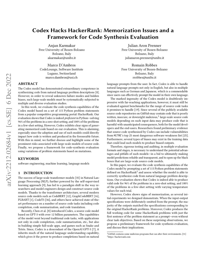Codex Hacks Hackerrank Memorization Issues And A Framework For Code 6603