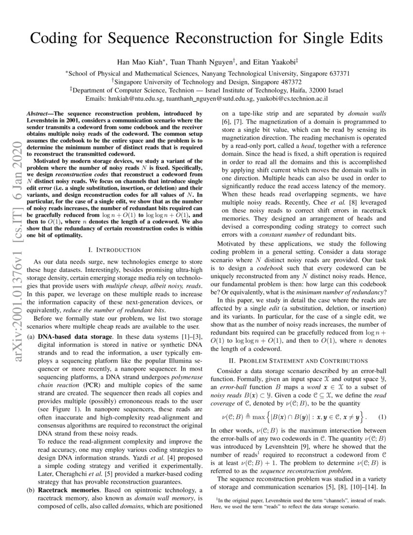 Coding For Sequence Reconstruction For Single Edits Deepai 