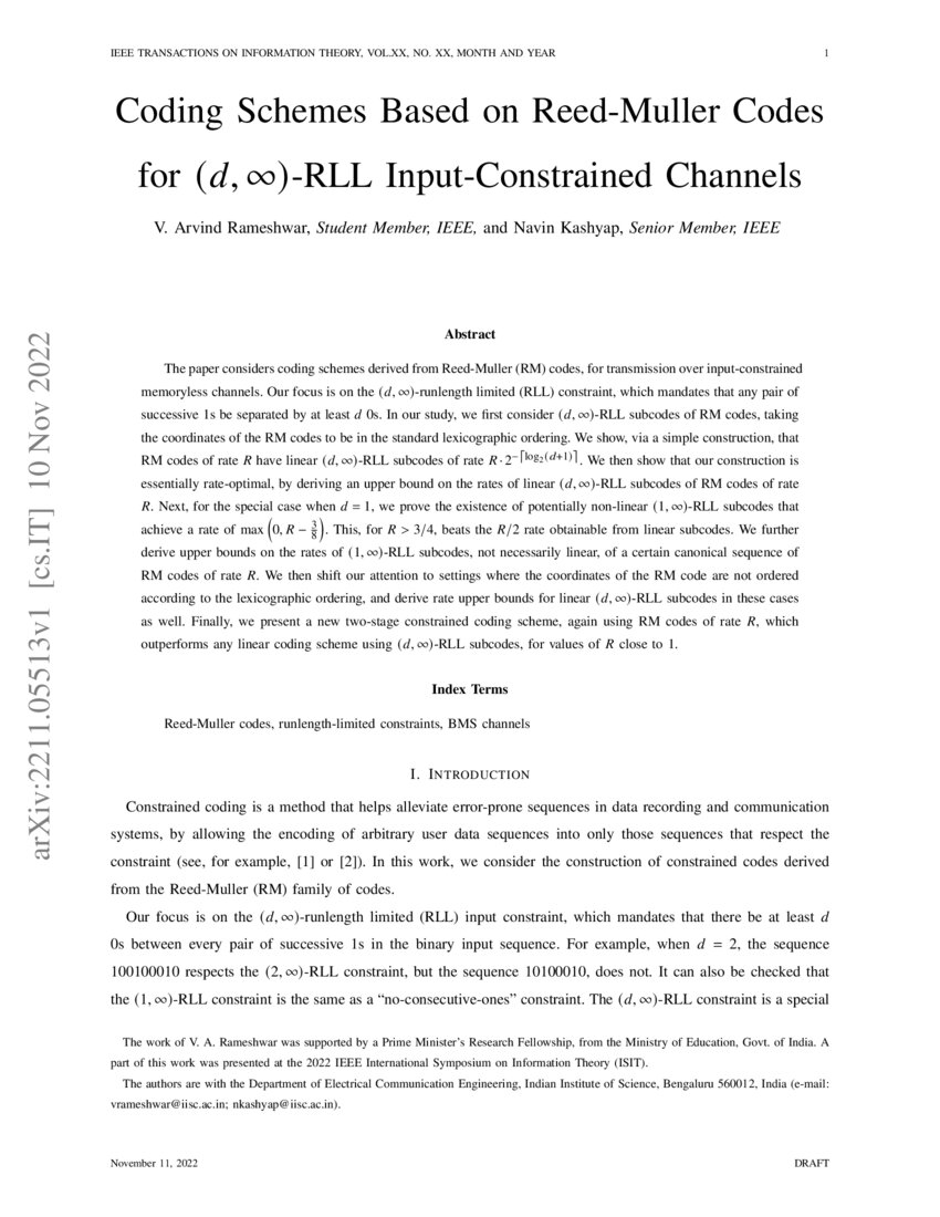 Coding Schemes Based on Reed-Muller Codes for (d,∞)-RLL Input-Constrained Channels | DeepAI