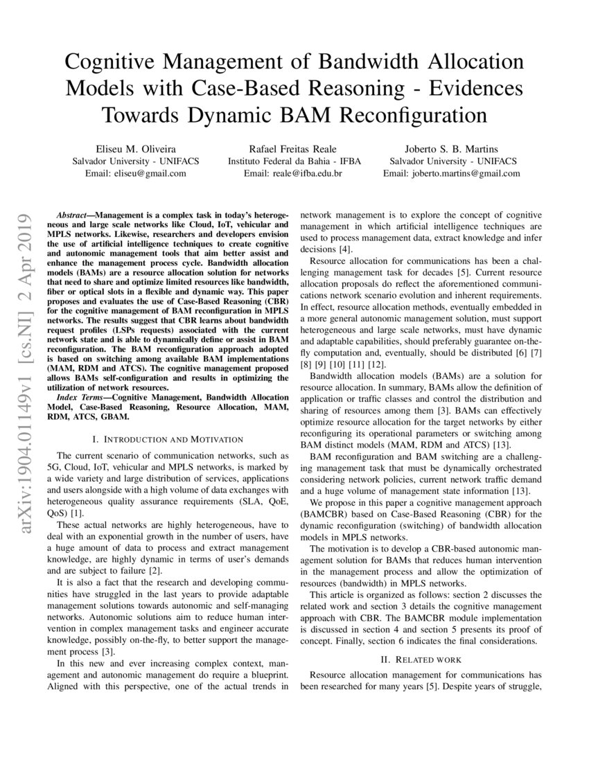 Cognitive Management Of Bandwidth Allocation Models With Case Based Reasoning Evidences