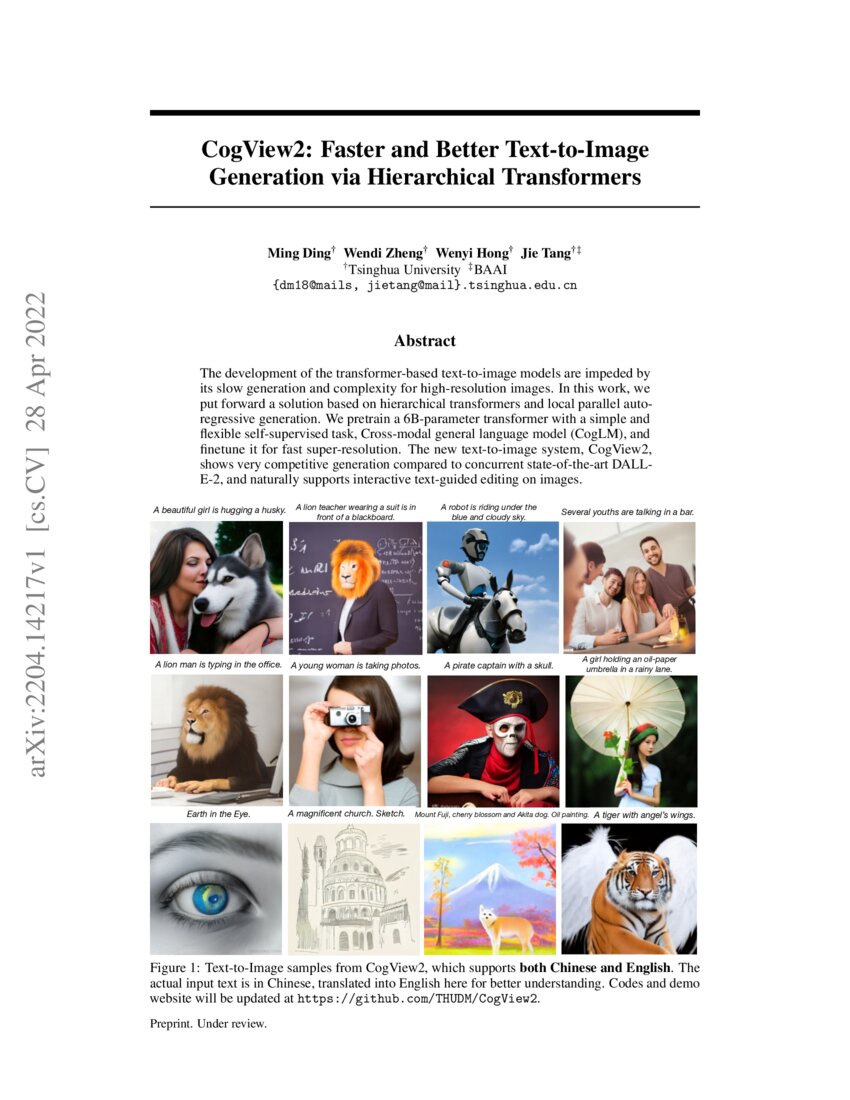 CogView2: Faster and Better Text-to-Image Generation via Hierarchical Transformers | DeepAI