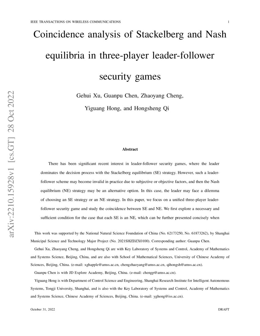 Coincidence analysis of Stackelberg and Nash equilibria in three-player leader-follower security ...