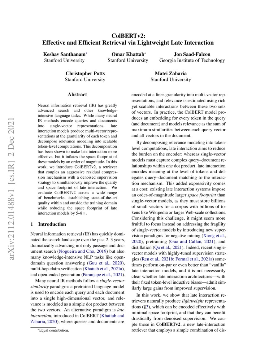 ColBERTv2: Effective and Efficient Retrieval via Lightweight Late Interaction | DeepAI