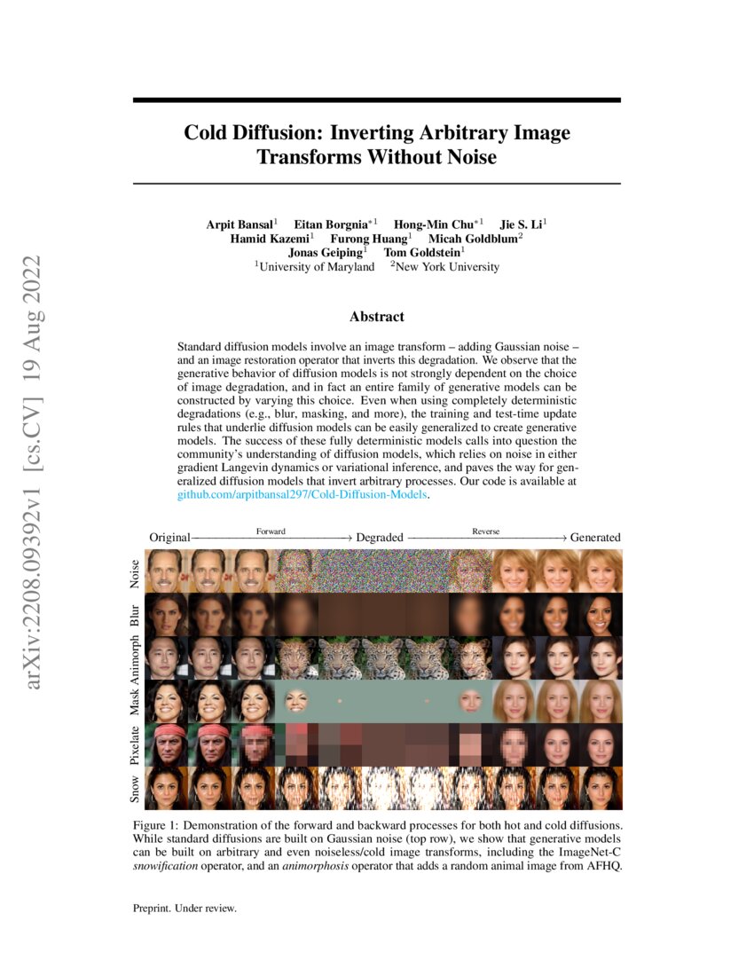 Cold Diffusion Inverting Arbitrary Image Transforms Without Noise Deepai