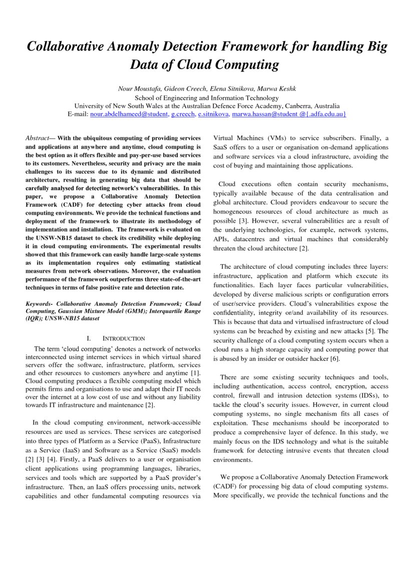 Collaborative Anomaly Detection Framework for handling Big Data of Cloud Computing | DeepAI