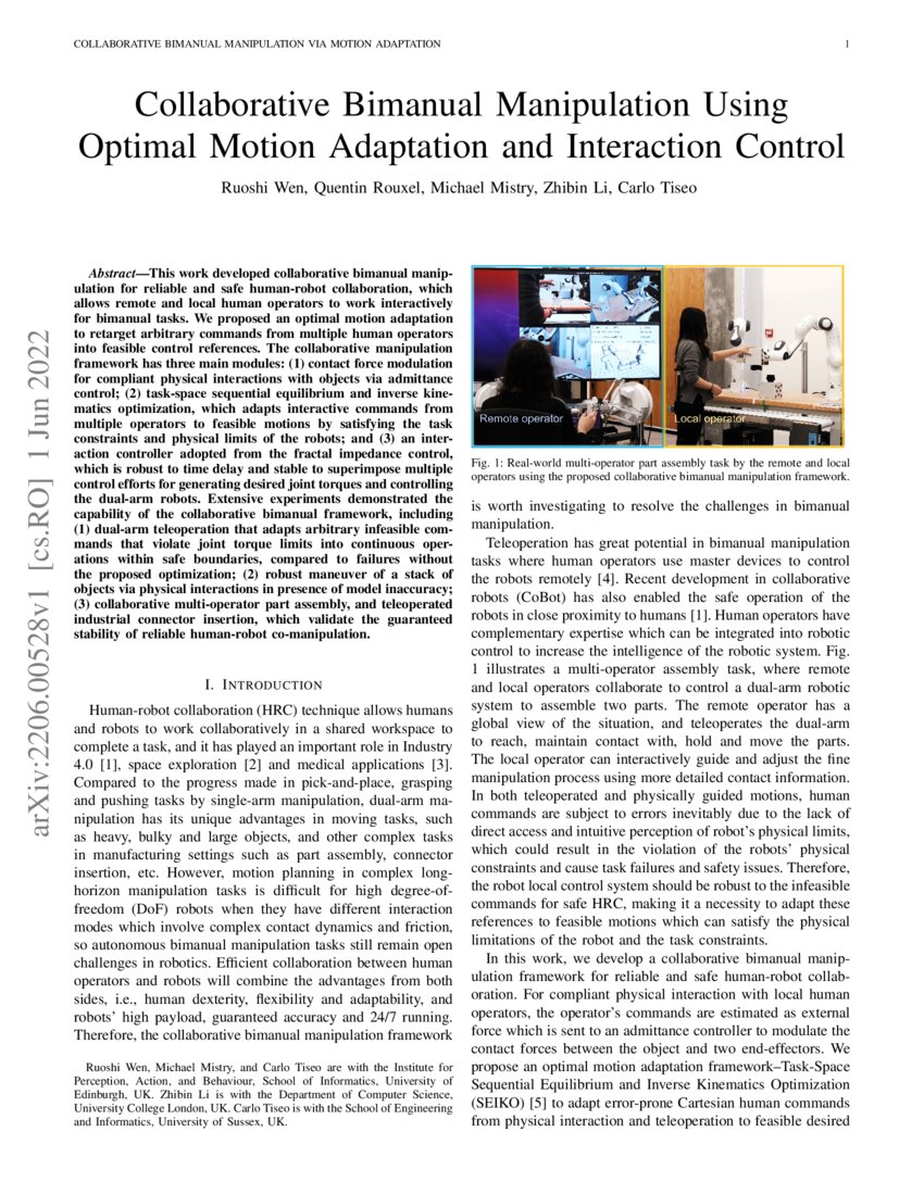 Collaborative Bimanual Manipulation Using Optimal Motion Adaptation and ...