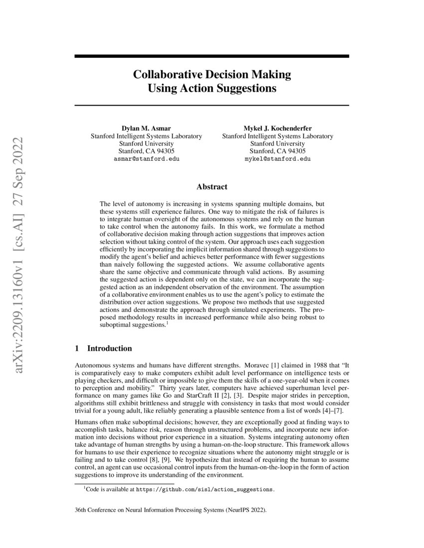 Collaborative Decision Making Using Action Suggestions Deepai