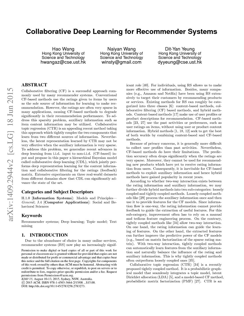 Collaborative Deep Learning for Recommender Systems | DeepAI Collaborative Deep Learning for Recommender Systems | DeepAI