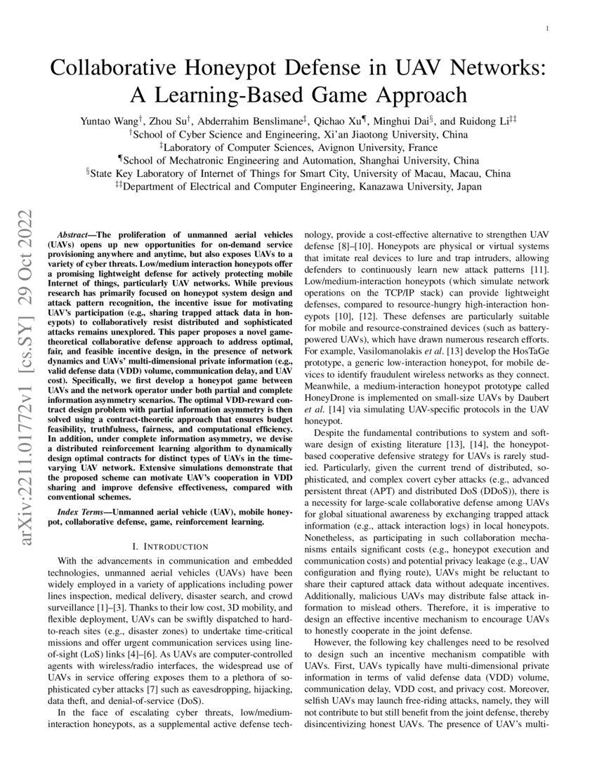Collaborative Honeypot Defense in UAV Networks: A Learning-Based Game Approach | DeepAI