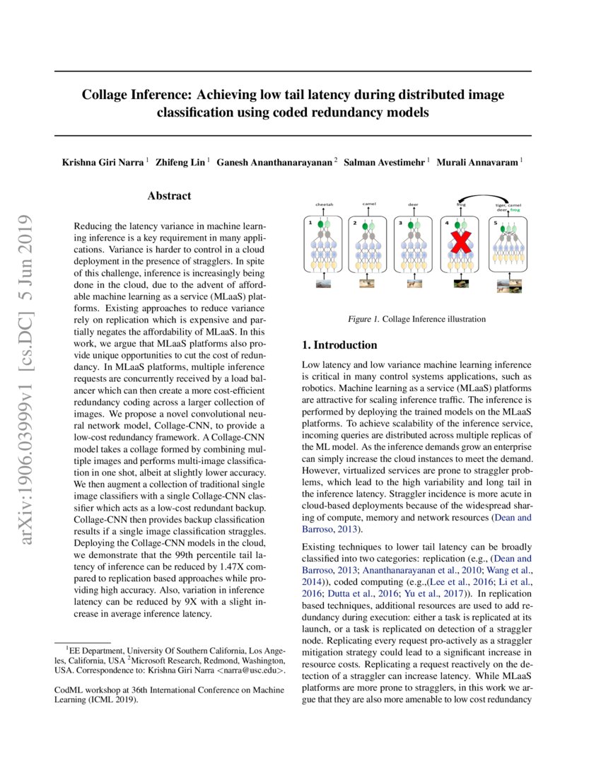 Collage Inference: Achieving low tail latency during distributed image classification using ...