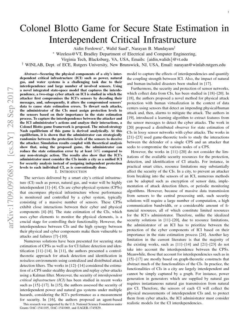 Colonel Blotto Game for Secure State Estimation in Interdependent Critical Infrastructure | DeepAI