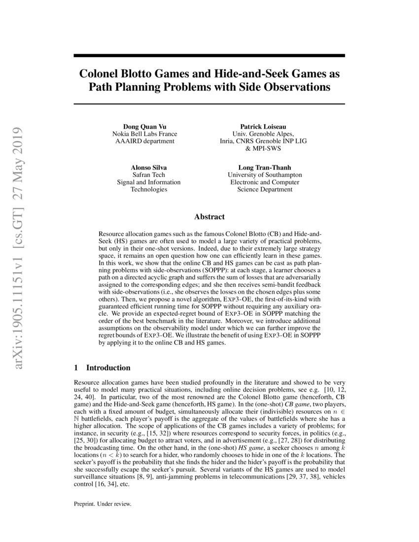 Colonel Blotto Games and Hide-and-Seek Games as Path Planning Problems with Side Observations ...